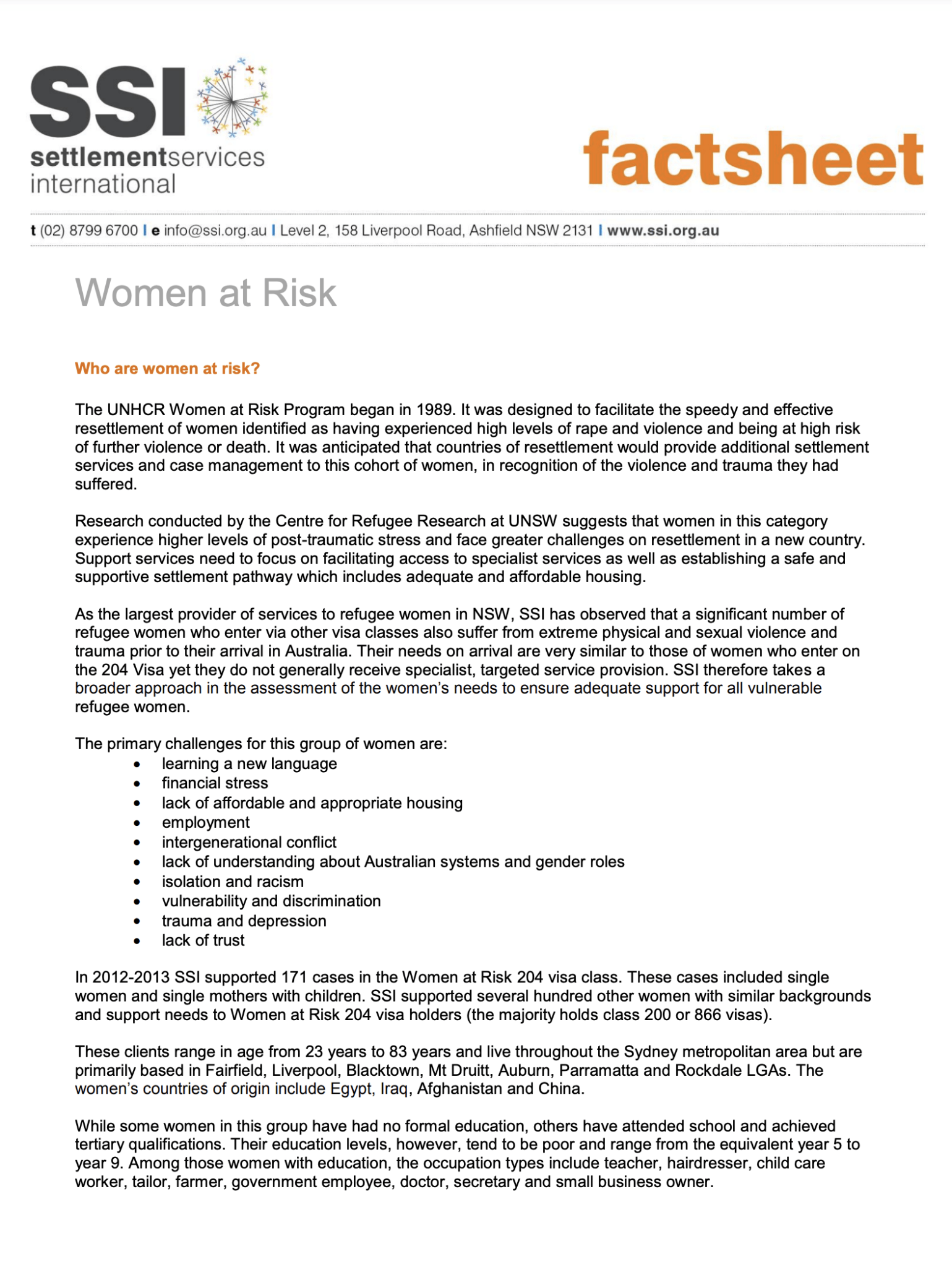 Women at Risk fact sheet - SSI